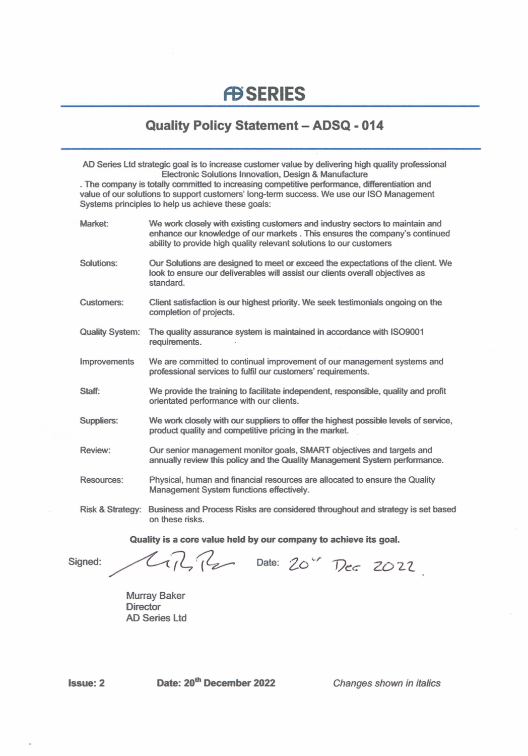 Quality Policy Statement - AD Series